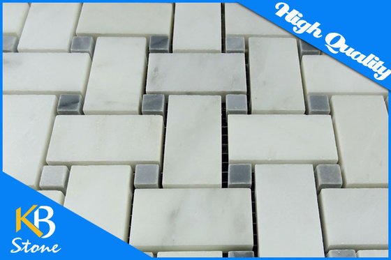 Bianco Basketweave Polished Marble Mosaic Tile Carrara White With Gray Dots 10mm Thickness