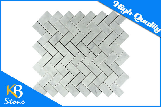 Herringbone White Carrara Marble Mosaic Wall Tile Polished for Bathroom Floor , Kitchen Wall