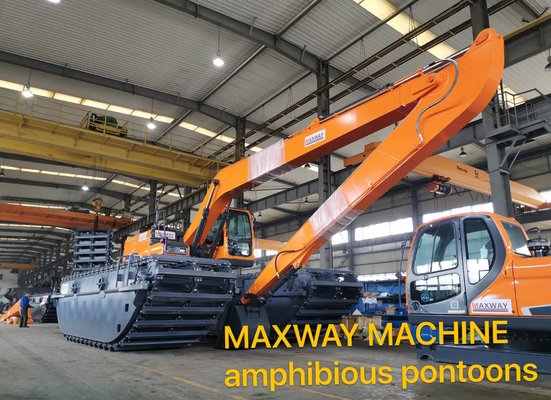 MAXWAY Long Arm Amphibious Excavator with Side Pontoon and Hydraulic Spuds for River Dredging