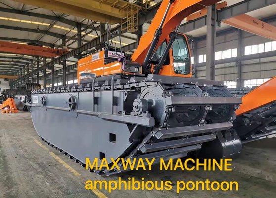 MAXWAY Long Arm Amphibious Excavator with Side Pontoon and Hydraulic Spuds for River Dredging