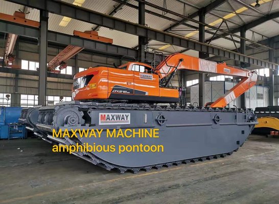 MAXWAY Long Arm Amphibious Excavator with Side Pontoon and Hydraulic Spuds for River Dredging