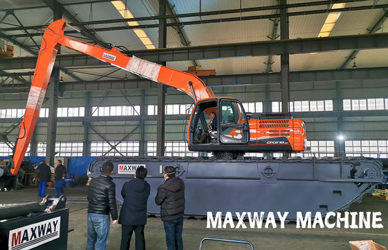 MAXWAY Long Arm Amphibious Excavator with Side Pontoon and Hydraulic Pile for River Dredging