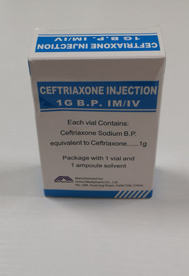 Ceftriaxone Sodium For Injection 1g/10ml+10ml water, 1pc+1pc/box, GMP medicine BP/USP/CP