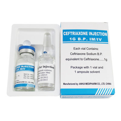 Ceftriaxone Sodium For Injection 1g/10ml+10ml water, 1pc+1pc/box, GMP medicine BP/USP/CP