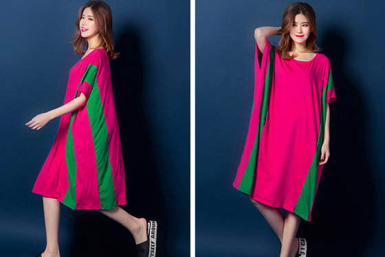 Women's summer 100%cotton short sleeve splicing loose gown  Fashionable homewear supplier