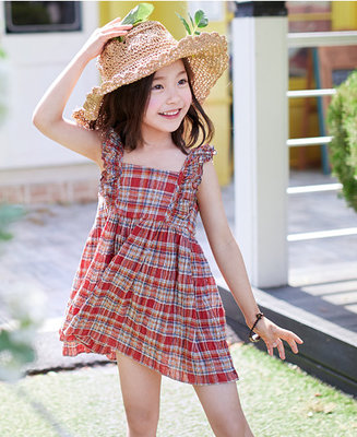 2-6year girls Summer dresses  100% cotton plaid skirt with shoulder-straps supplier