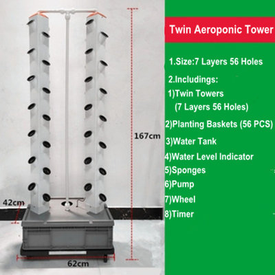 Home Garden Vertical Hydroponic Grow System Kit 7 Layers 56 Holes Aeroponics Twin Towers with Wheel