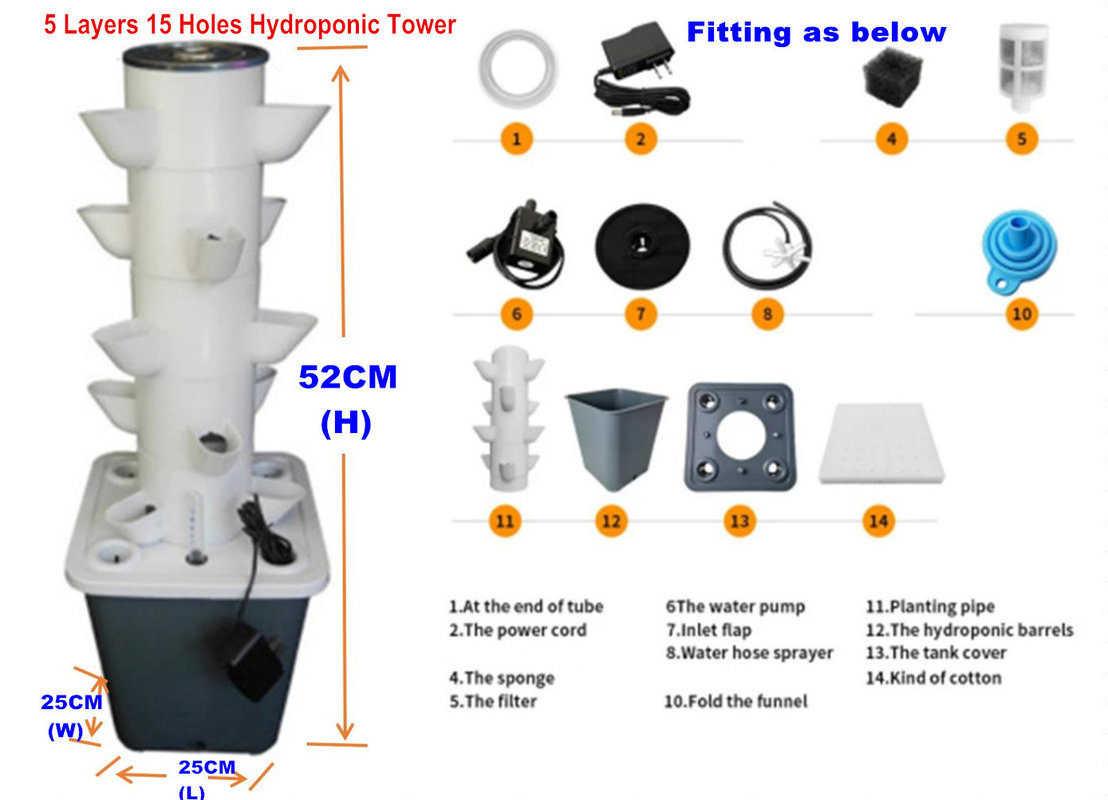 Home Garden 5 Layers 15 Plants Sites Vertical Mini Grow Tower NFT Hydroponics System Kit for Leaf Vegetables