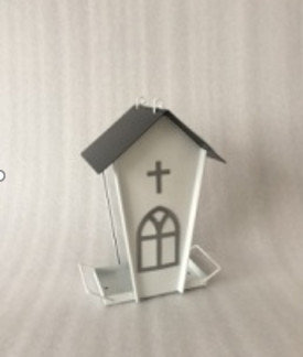 White Christian style house cute functional hanging metal seed bird feeder