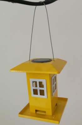 Solar light yellow house mould 4 window metal seed bird feeders
