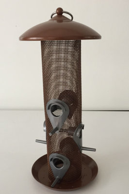 SS Hanging Unique Bird Feeders 6 Plastic Feeding Port Brown Metal Lid And Bottom