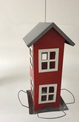 4 Feed In Port Metal Bird Feeders Red 2 Level House With Gray Roof