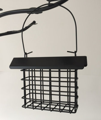 Durable Black Hanging Bird Feeder Metal Roof Iron Wire Cage 350g Capacity