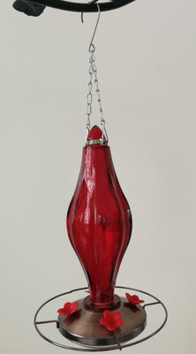 Attractive Hummingbird Bird Feeder Red Glass Bottle Copper Base With 5 Freeing Port