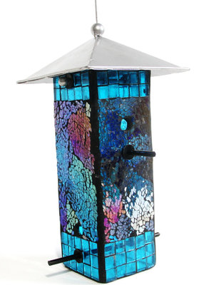 Colorful Mosaic Bird Feeder With Silver Metal Roof Four Feeding Perch