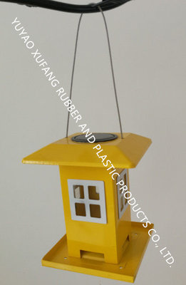 Metal Bird Feeders，Solar light yellow house mould 4 window metal seed bird feeders