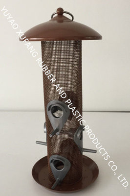 SS Hanging Unique Garden Bird Feeders 6 Plastic Feeding Port Brown Metal Lid And Bottom