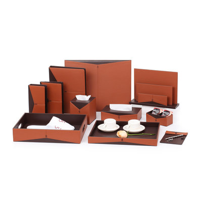double brown dark leather sachet holder for 5-star hotel guest room