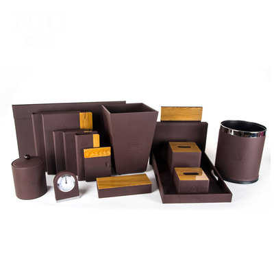 brown luxury trapezoid faux leather hotel room trash cans manufacturer for hotel amenities