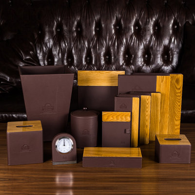 brown luxury trapezoid faux leather hotel room trash cans manufacturer for hotel amenities