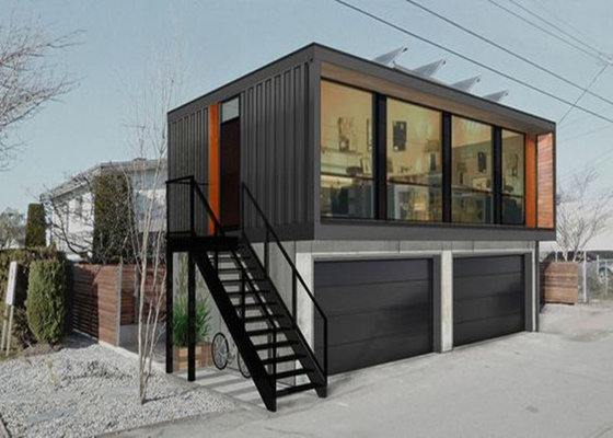 Two Storey Prefab Modified Shipping Containers With Ladder And Garage In Black Color