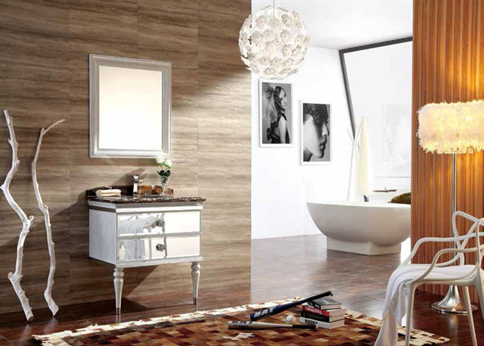 Silver Cabinet Face Decoration Marble Top Bathroom Vanity Units With Sink And One Drawer
