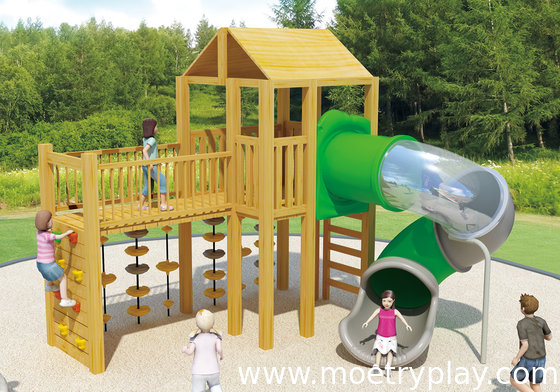 Large Outdoor Wooden Playground with Plastic Slide for preschool playground Manufacturer Price