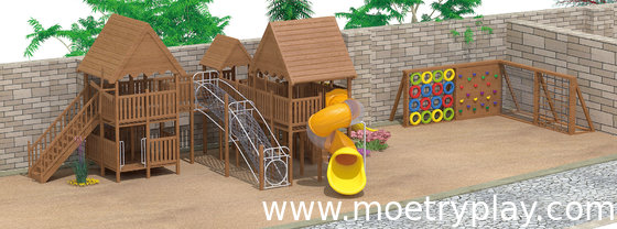 Large Outdoor Wooden Playground with Plastic Slide for preschool playground Manufacturer Price