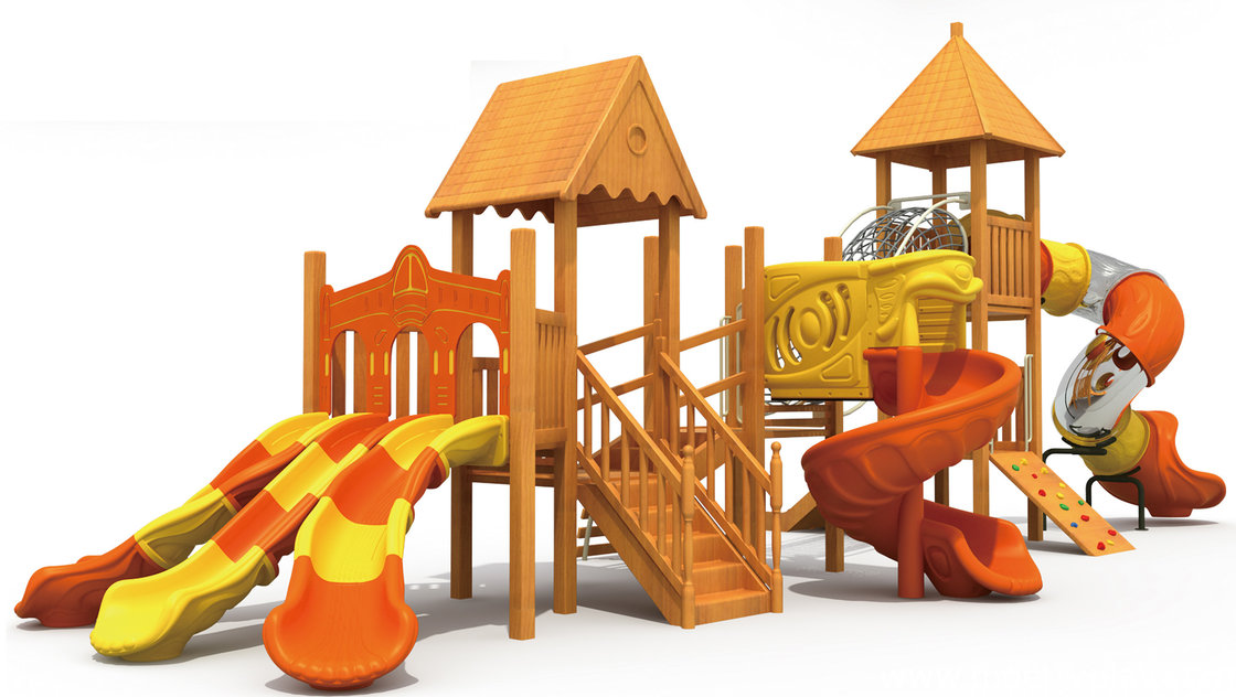 Large Outdoor Wooden Playground with Plastic Slide for preschool playground Manufacturer Price