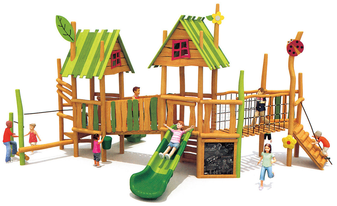 Commercial Cheap Wooden Outdoor Climbing and tunnel Playground Slide equipment for Kids nursery school