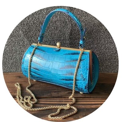 European And American Casual Cylindrical Handbag Horizontal Barrel-Shaped Leather Shoulder Bag Crocodile Leather