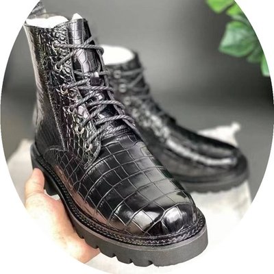 Thailand Crocodile Leather Men's Boots High-End Fashion Casual Martin Boots Lace Up Round Toe Leather High Boots