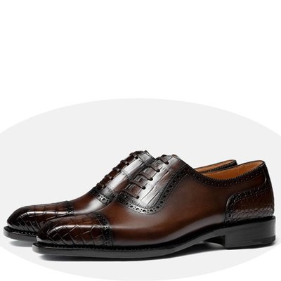 Three-Joint Men's Leather Shoes Business Leather High-End Men's Shoes British Style Brown Brogue Oxford Shoes Crocodile