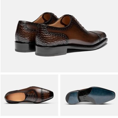 Three-Joint Men's Leather Shoes Business Leather High-End Men's Shoes British Style Brown Brogue Oxford Shoes Crocodile