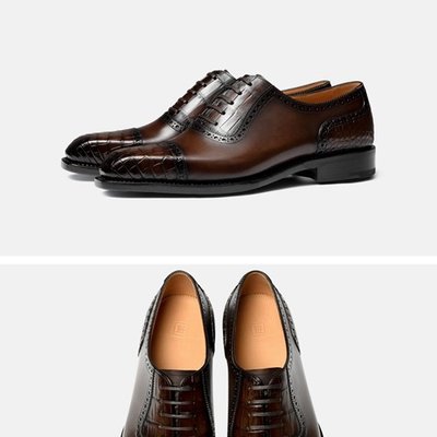 Three-Joint Men's Leather Shoes Business Leather High-End Men's Shoes British Style Brown Brogue Oxford Shoes Crocodile