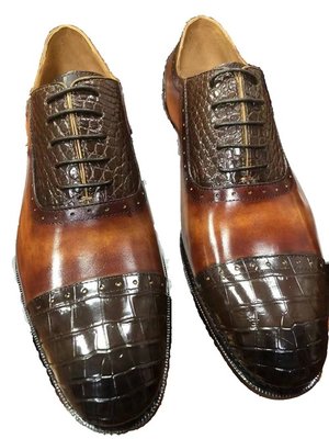 Three-Joint Men's Leather Shoes Business Leather High-End Men's Shoes British Style Brown Brogue Oxford Shoes Crocodile