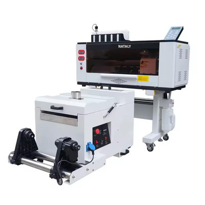 with 2 pcs XP600 print heads with oven powder shaker A3 dtf printer printing T-shirt clothing