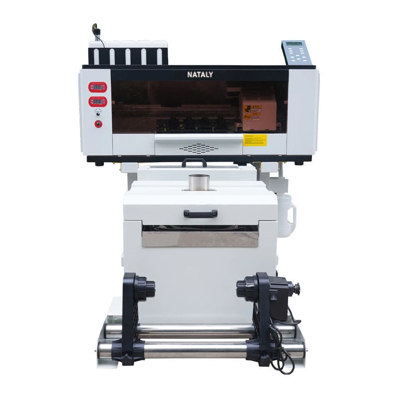 with 2 pcs XP600 print heads with oven powder shaker A3 dtf printer printing T-shirt clothing