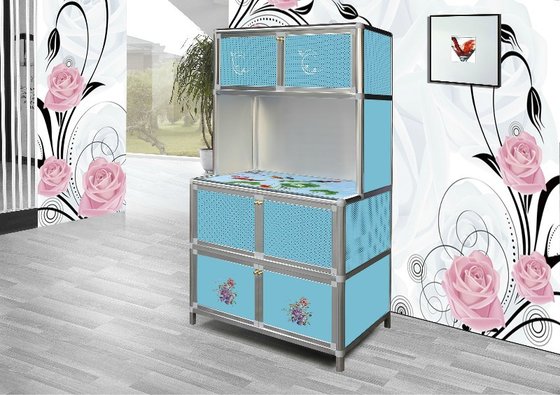 Termpered Glass Printing  Aluminium Kitchen Cabinets for Storage Kitchenware