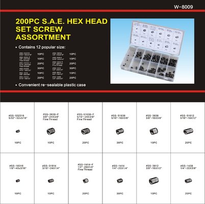 NBR W-8017 200PC SAE Hex Head Set Screw  Assortment Kits With Resistance To Solvents Approved AS568 Standard