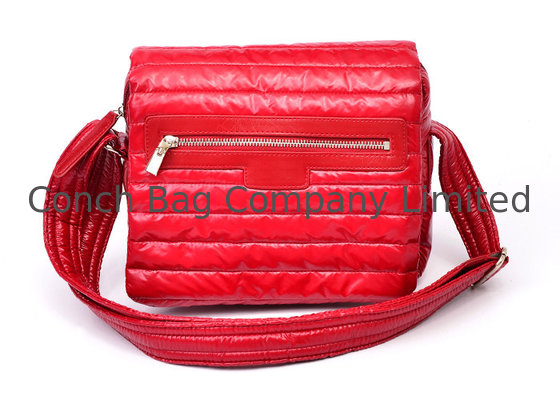 Waterproof Soft Nylon Shoulder Bag with Leather Trimming Quilted , Red