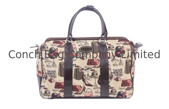 Customized cloth jute PU leather travel bags for lady with two front zippered pockets