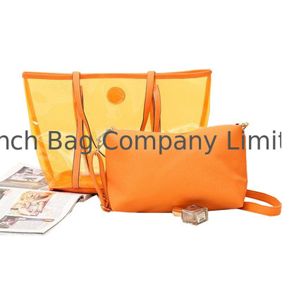 Transparent Ladies Tote Bags Clear PVC Handbags , Orange / Red / Blue