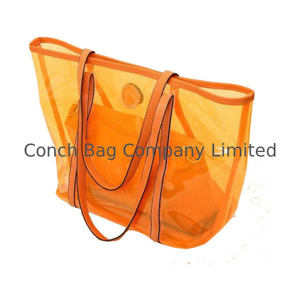 Transparent Ladies Tote Bags Clear PVC Handbags , Orange / Red / Blue