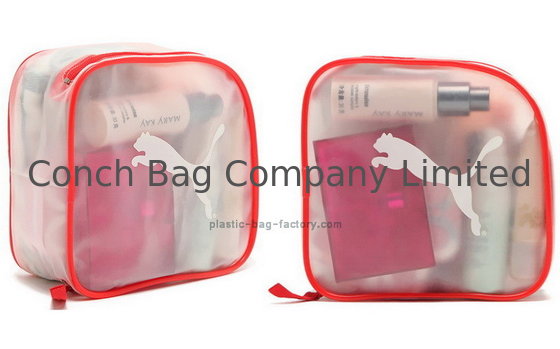 Frosted red zipper transparent plastic cosmetic Bag , travel make up bags