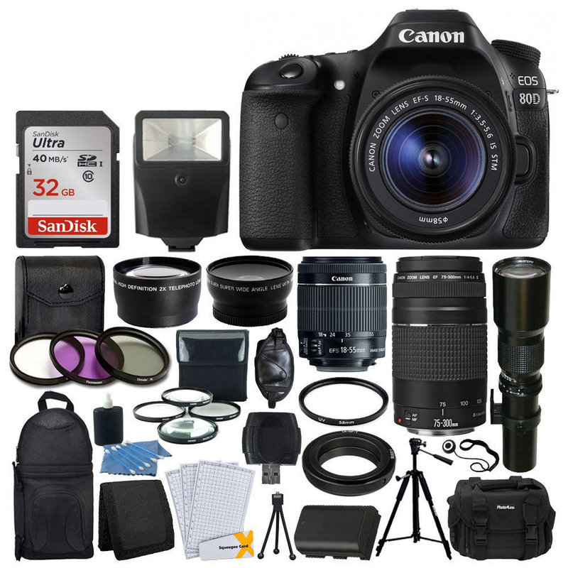 Cheap Canon 80D DSLR Camera 9 Lens 18-55 STM +75-300 +500MM +32GB,buy now