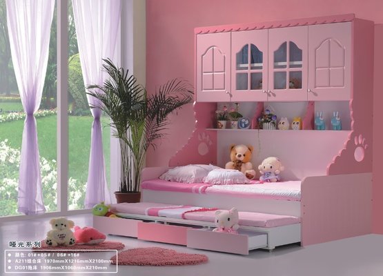 China pink kids bed with pulled bed and wardrobe furniture,#A211 supplier