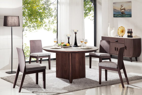 China high quality 6 seater round wood dining table with marble top supplier