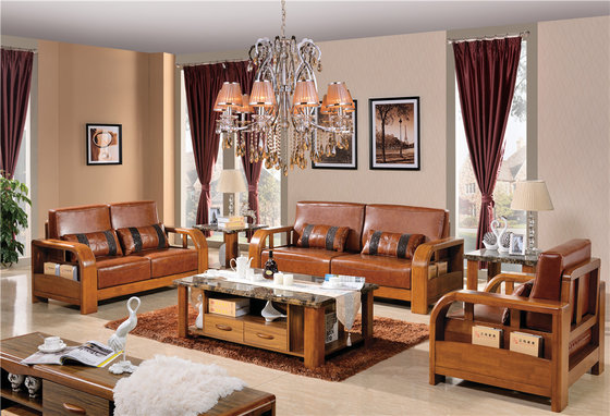 China modern solid wood sofa set with leather cushion supplier
