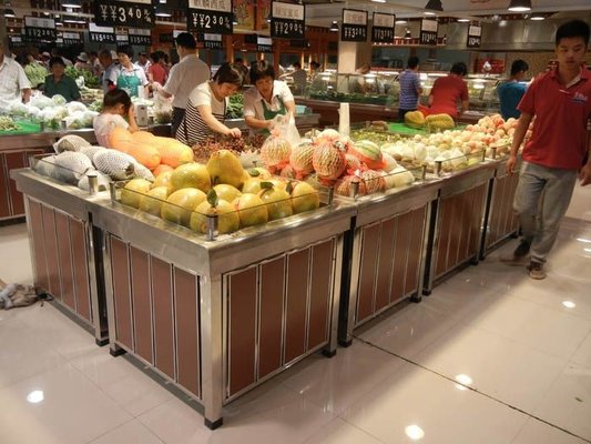 China supermarket stainless steel fruit display with wood lift door,supermarket fruit stand with wood door supplier